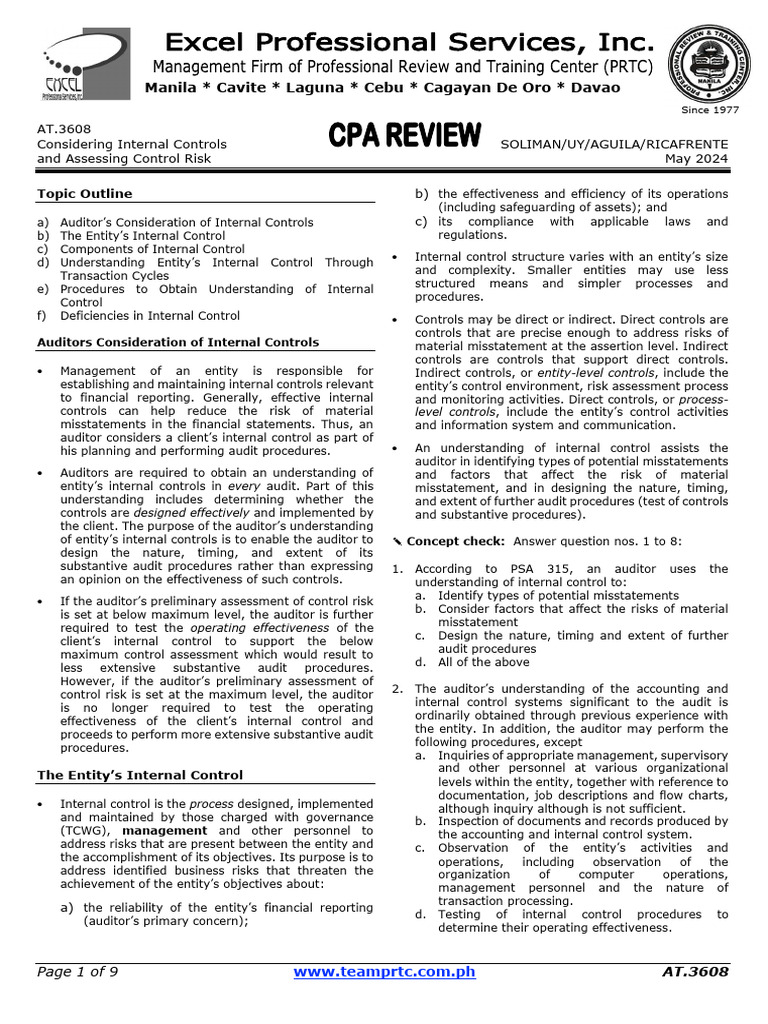 AT.3608 - Considering Internal Controls and Assessing Control Risk ...