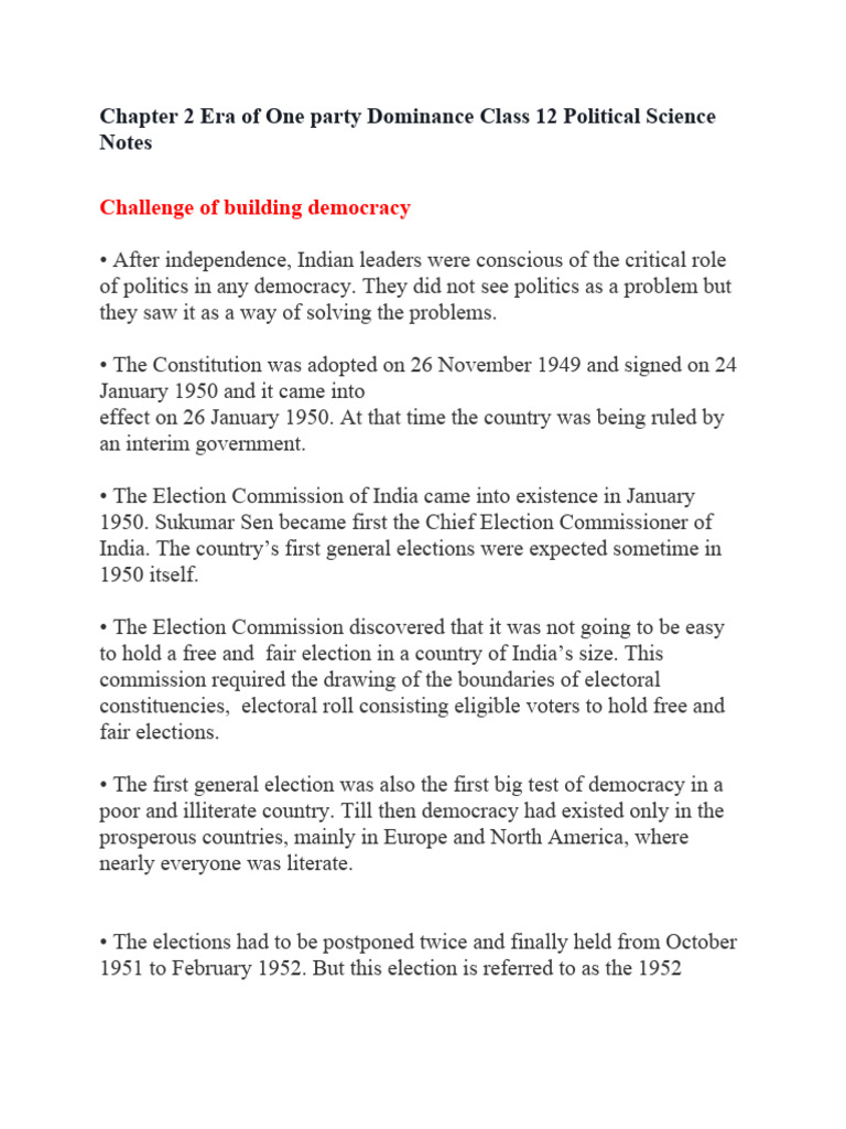 Chapter 2 Era of One Party Dominance Class 12 Political Science Notes ...