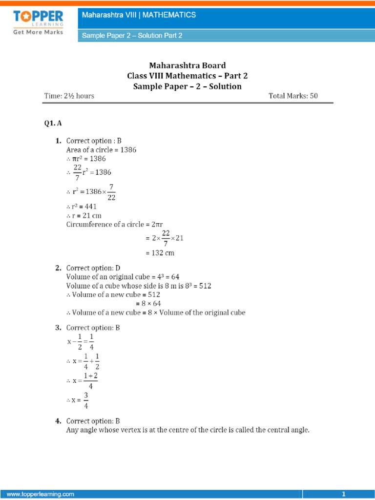 Sample Papers For MSB Class 8 Mathematics Part 2 #2 Solutions ...