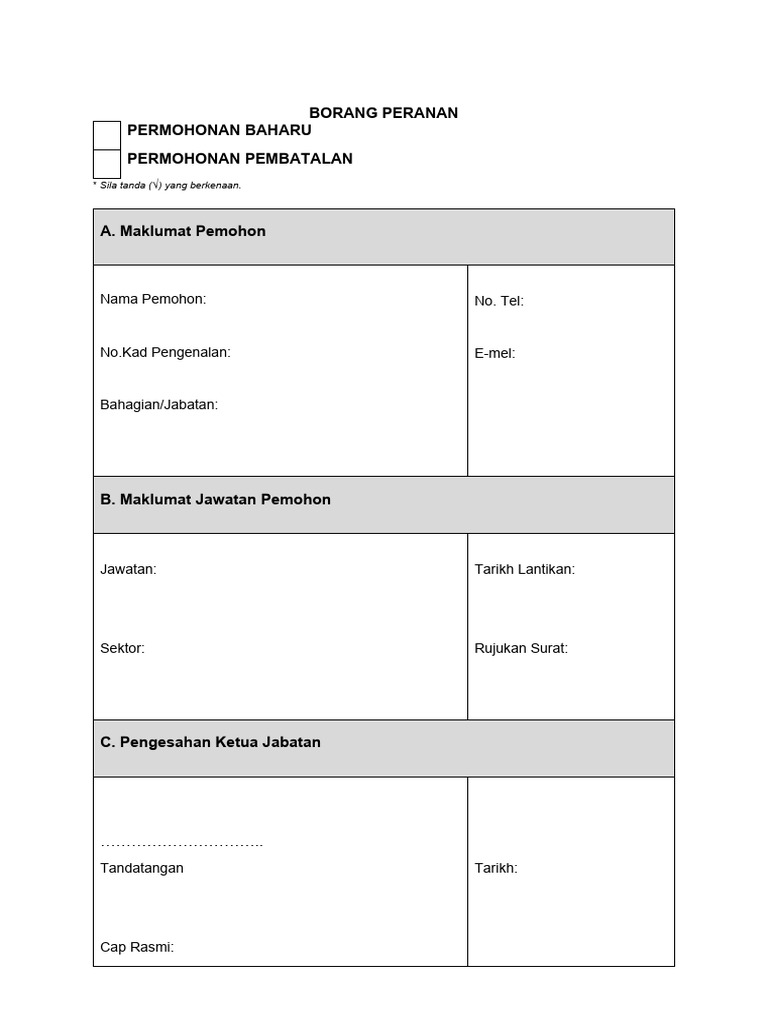 Borang Baharu Permohonan - Pembatalan Peranan | PDF