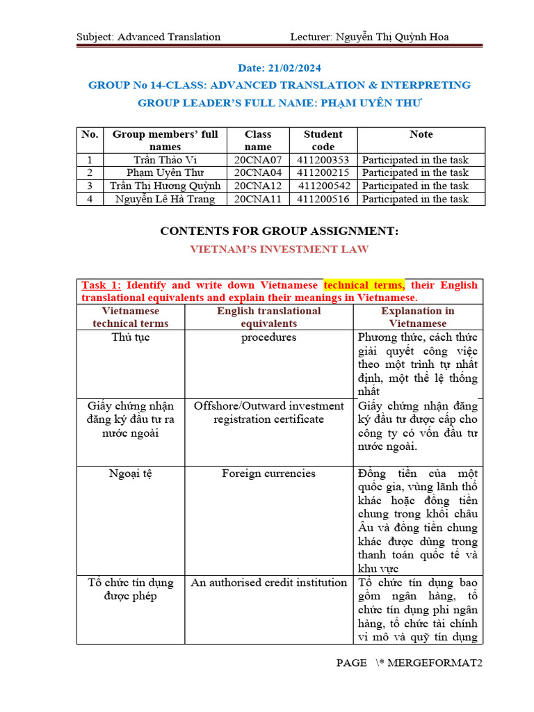Investment Law-Template For Advanced Translation Assignment - Group 14 - Official File | PDF