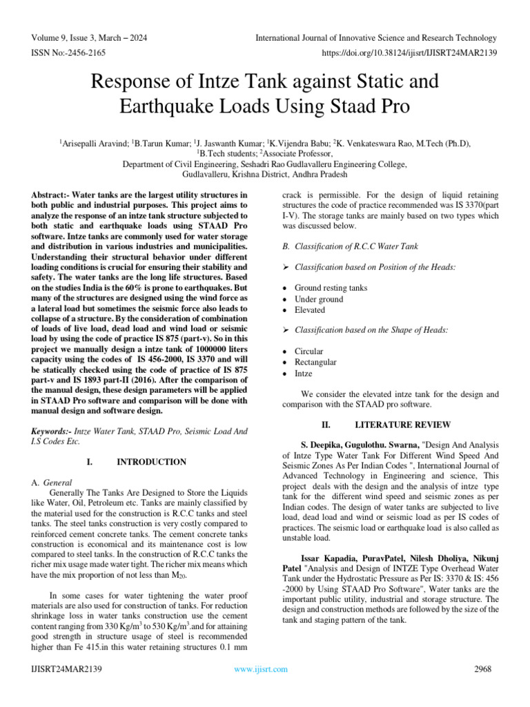 Response of Intze Tank Against Static and Earthquake Loads Using Staad ...