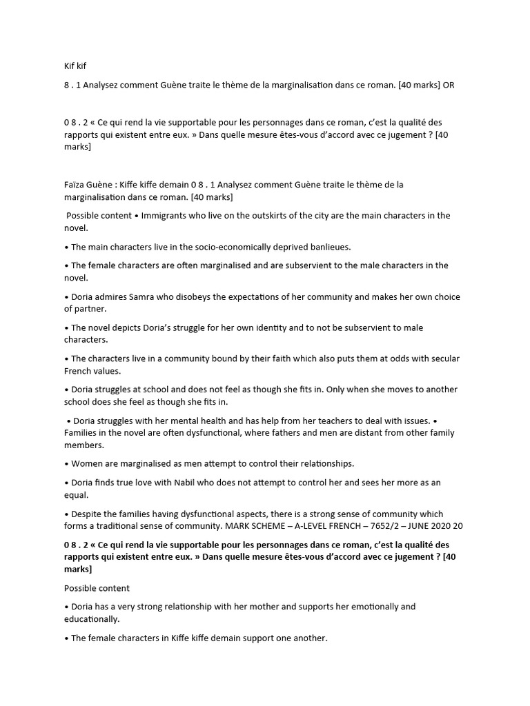 Exam Questions On Kiffe Kiffe | PDF | Psychological Concepts | Social ...