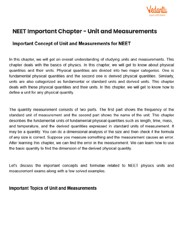 NEET Important Chapter - Unit and Measurements | PDF