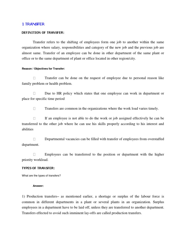 Definition of Transfer | PDF | Layoff | Employment