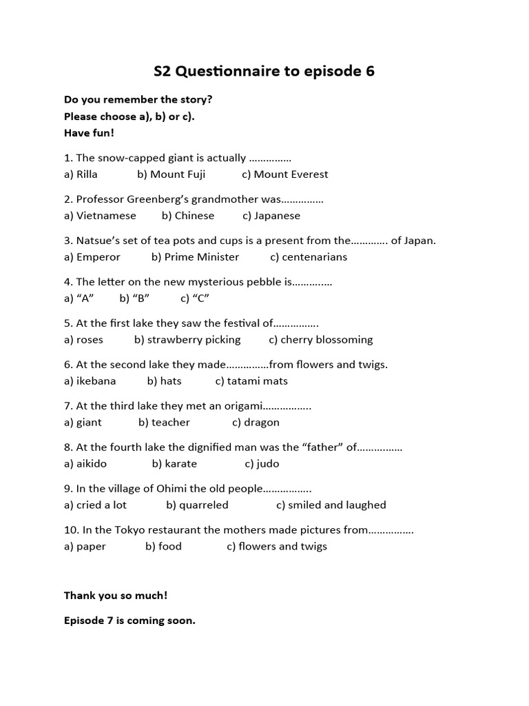 S2 Questionnaire To Episode 6 | PDF