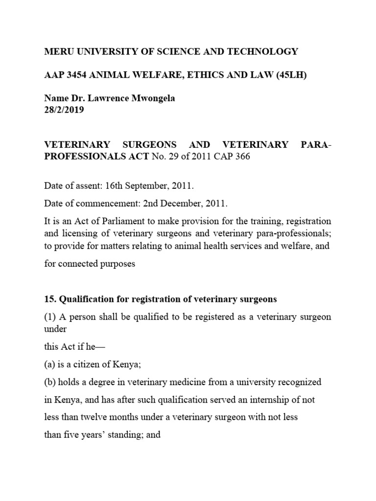 Veterrinary Surgeons and Paraprofessional Act Notes | PDF | Veterinary ...