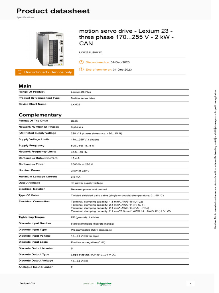 Schneider Electric - Lexium-23-Plus - LXM23AU20M3X | PDF | Power Supply | Mains Electricity