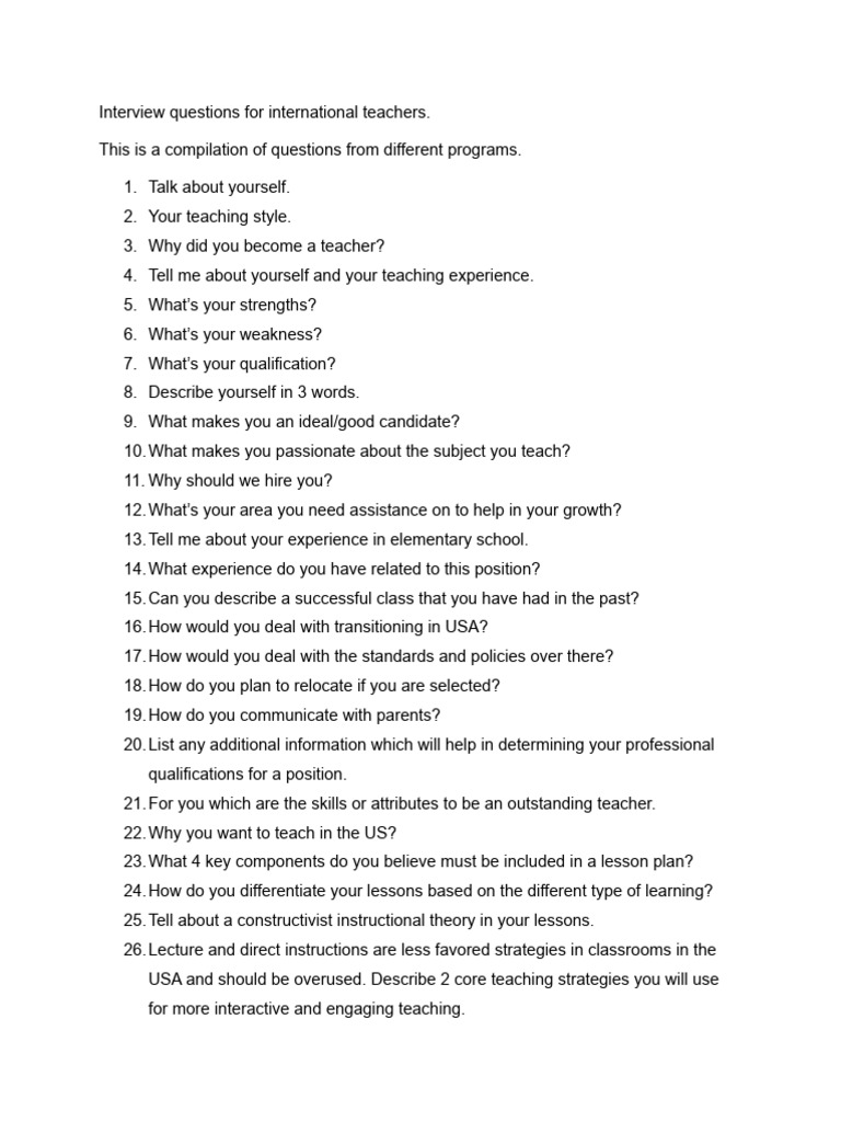 Interview Questions For International Teachers | PDF | Teachers ...
