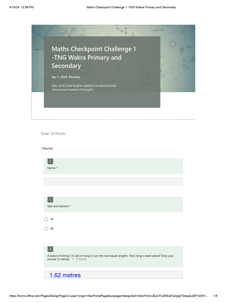 Maths Checkpoint Challenge 1 -TNG Wakra Primary and Secondary Answer ...