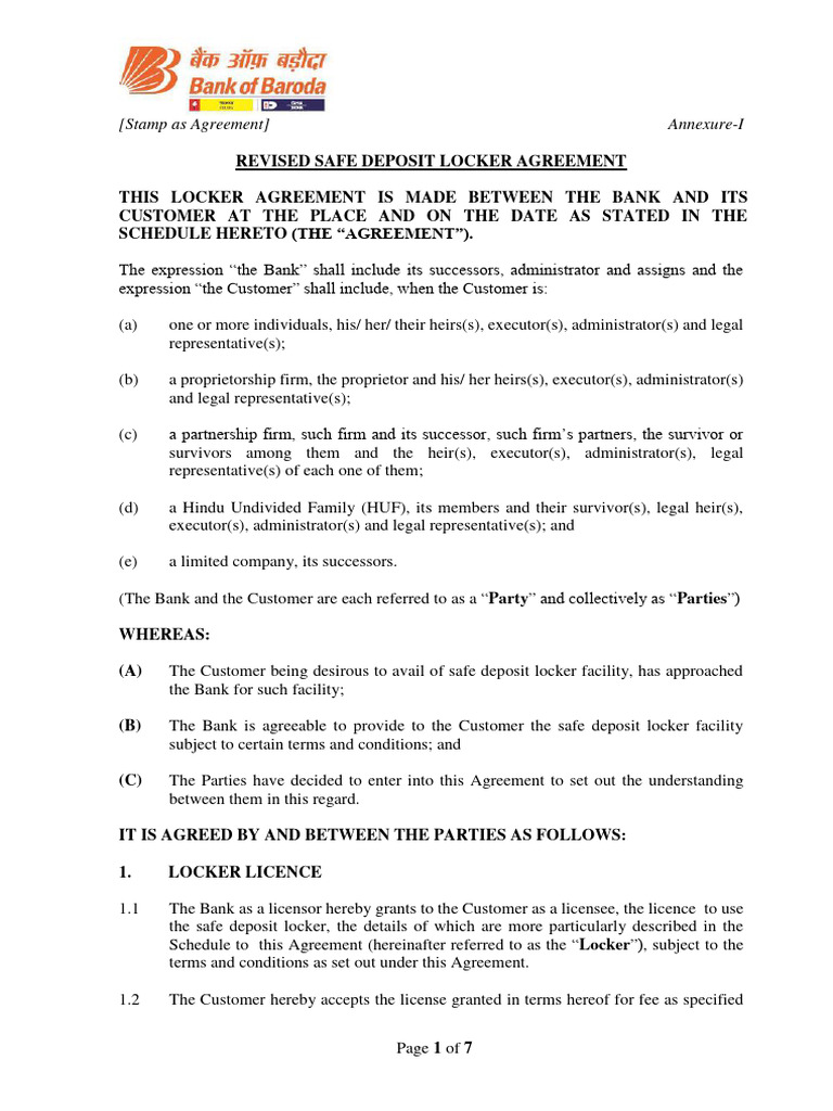 Revised Safe Deposit Locker Agreement 10 18 | PDF | License | Legal Liability