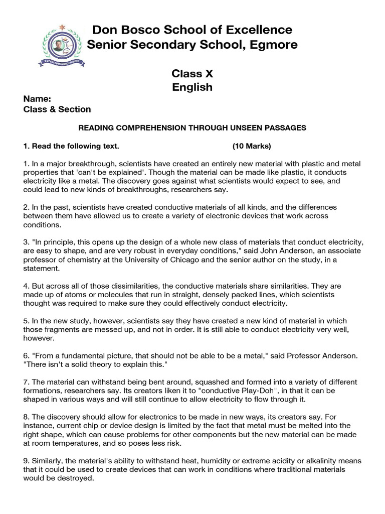 Unseen Passage: Reading Comprehension | PDF | Metals | Ageing