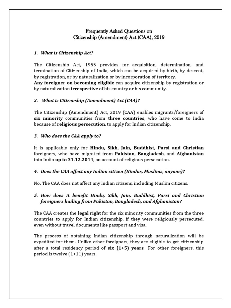CAA 2019: Key Information and FAQs | PDF | Naturalization | Government