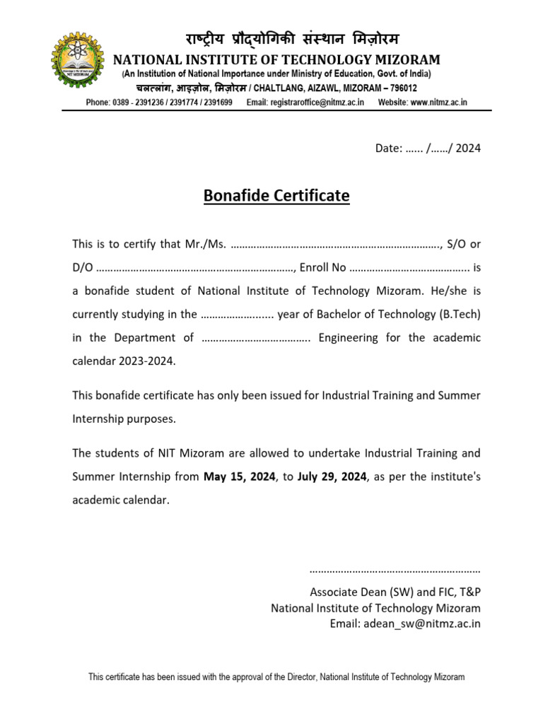 Bonafide Certificate Format Pdf