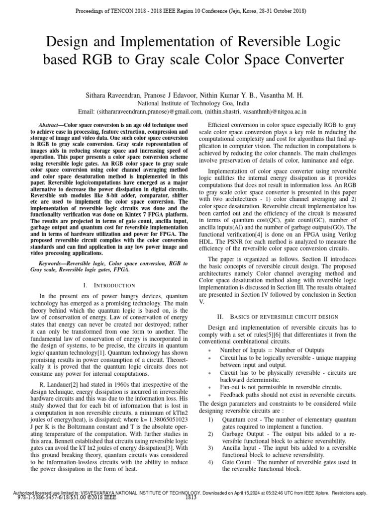 Design And Implementation Of Reversible Logic Based Rgb To Gray Scale Color Space Converter