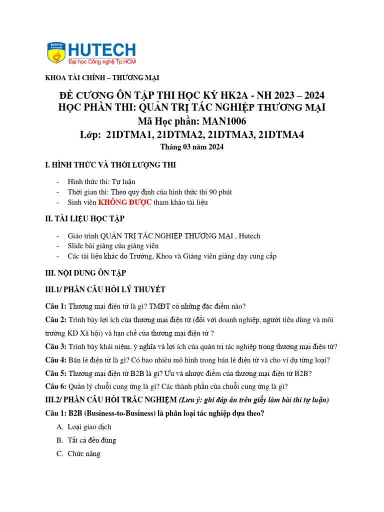 K.TC-TM - Decuongontap - 2A2324 - MAN1006 - Quan Tri Tac Nghiep Thuong Mai | PDF