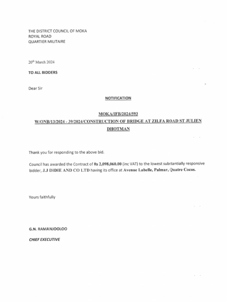 Notifications W Onb 13 2024-Construction of Bridge at Zilfa Road ST Julien Dhotman | PDF