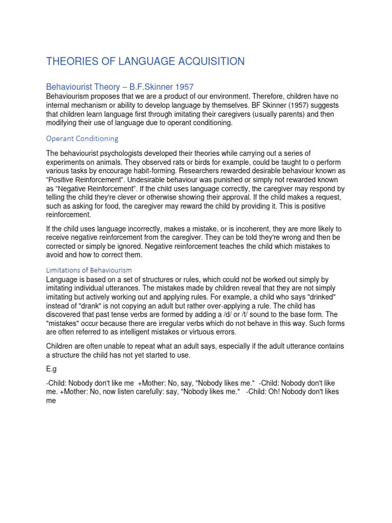 THEORIES OF LANGUAGE ACQUISITION | PDF | Behaviorism | Cognitive Development