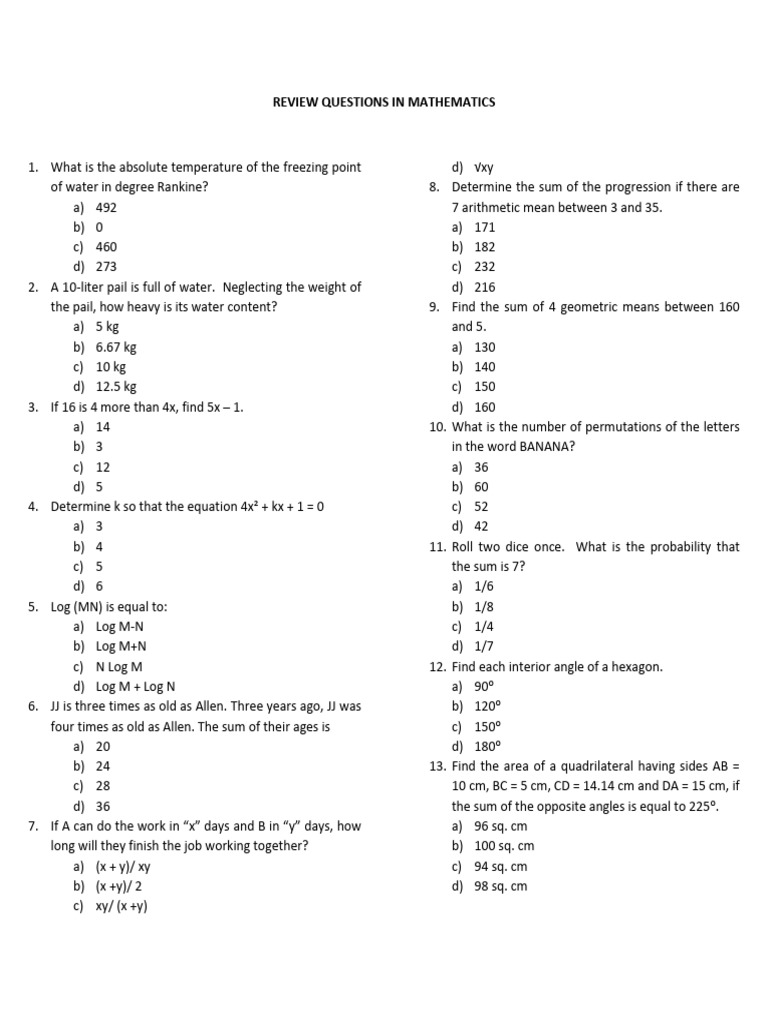 Review Questions in Mathematics | PDF | Ellipse | Triangle