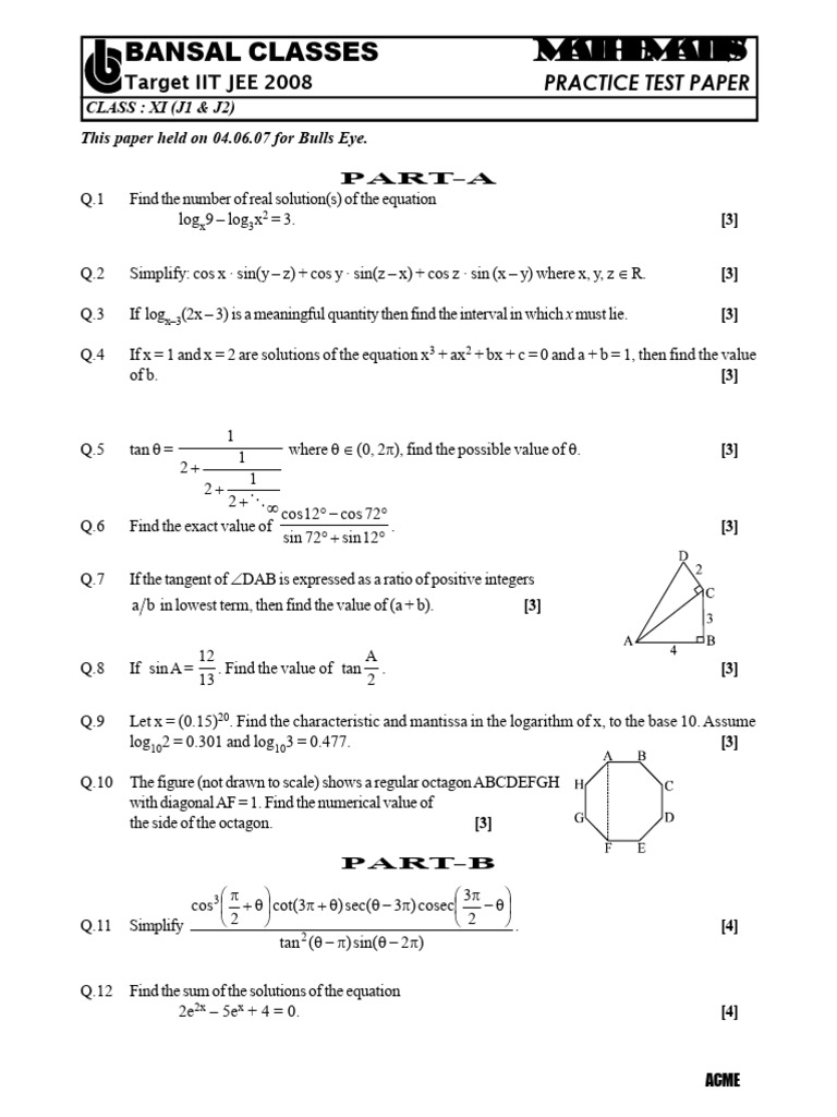 Partice Test Paper-1 | PDF | Trigonometric Functions | Logarithm