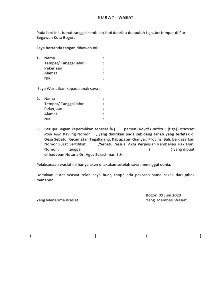 Surat Wasiat Di Bawah Tangan | PDF