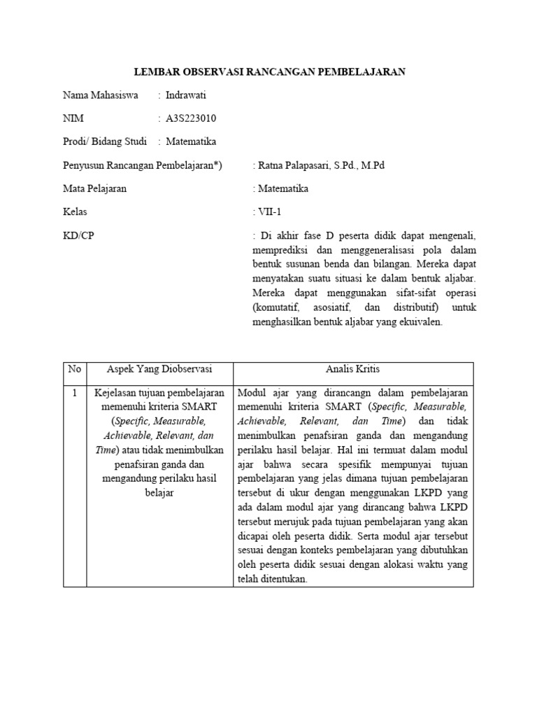 Lembar Observasi Rancangan Pembelajaran | PDF
