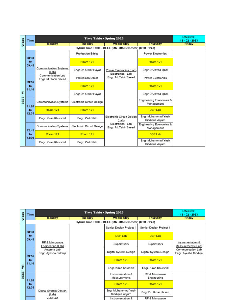 Time Table, BSc EE, Spring 23 | PDF | Information And Communications ...