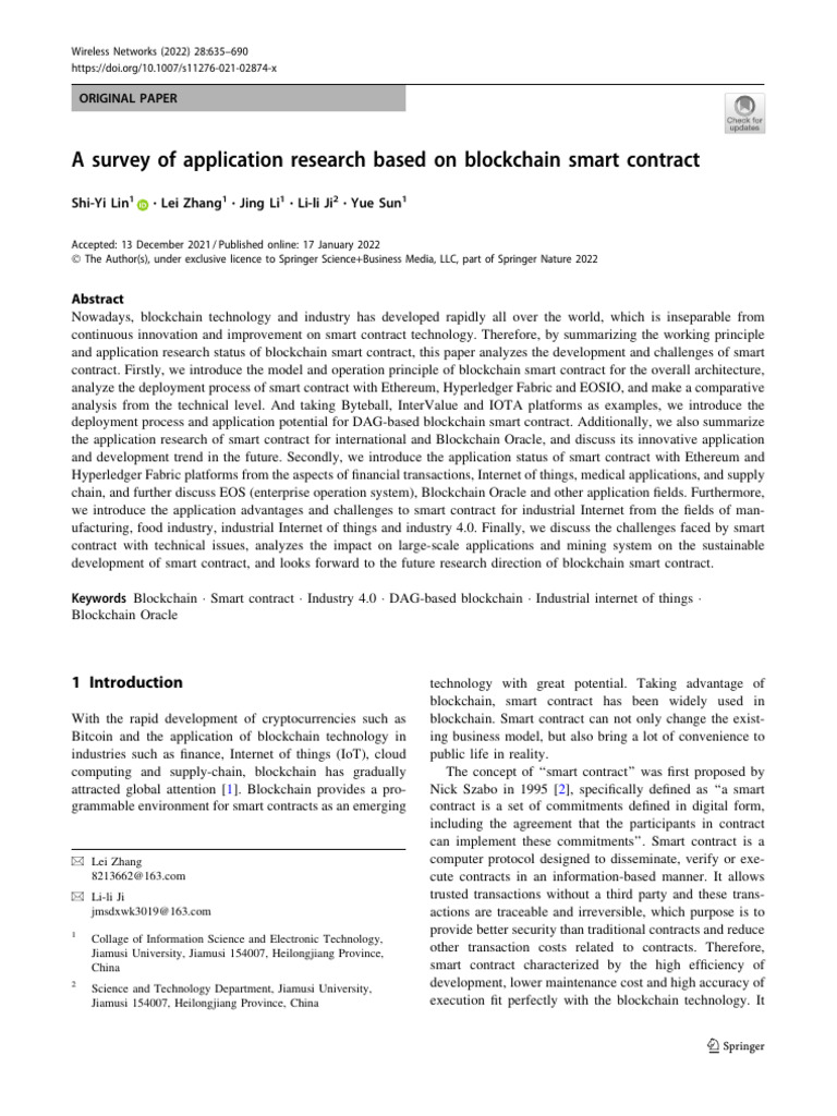 A Survey of Application Research Based On Blockchain Smart Contract | PDF | Computer Network ...
