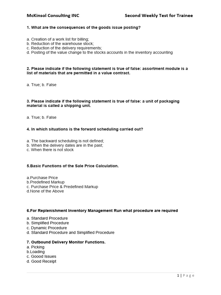 McKinsol Trainee Weekly Test Questions | PDF | Warehouse | Inventory