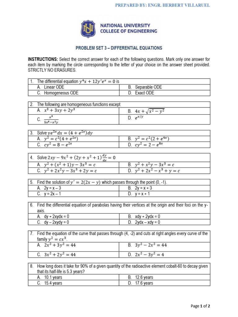 Problem Set 3 - Differential Equations 1 | PDF | Ordinary Differential Equation | Equations