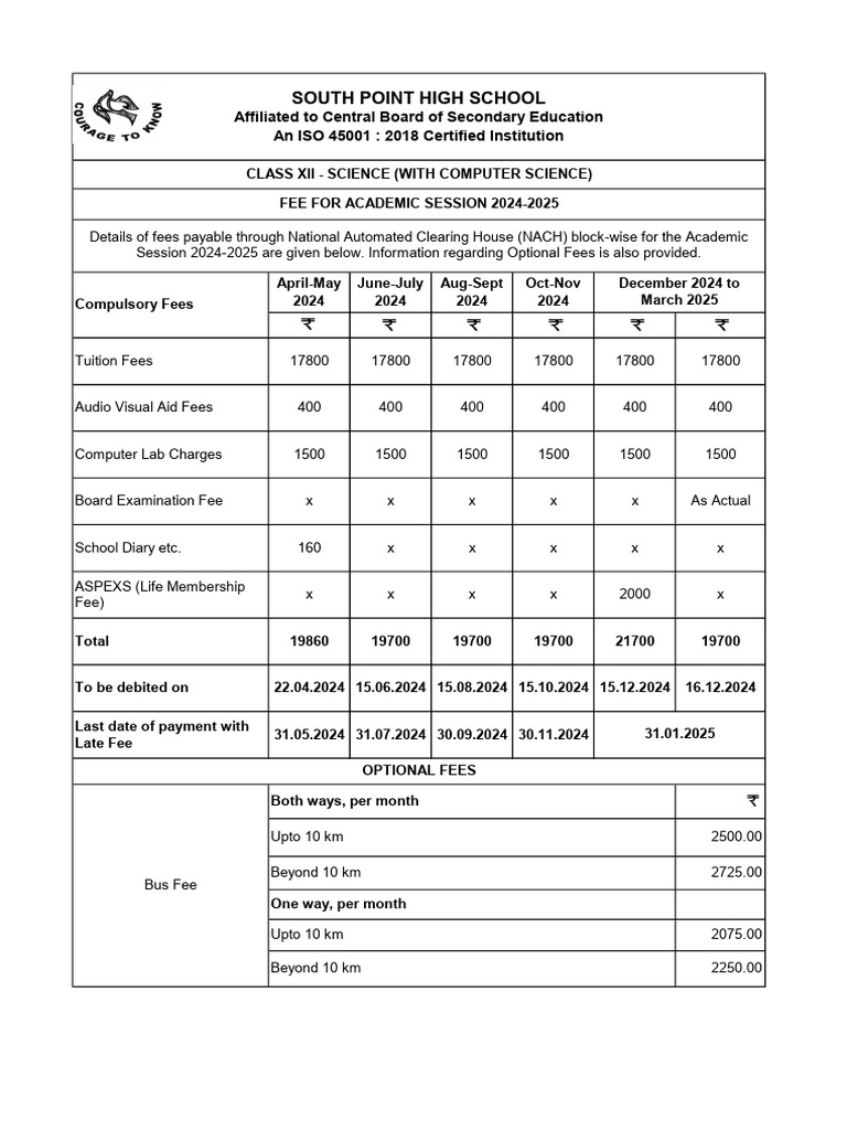 Fee Schedule Class XII Science With Computer Science 2024 25 | PDF Fee Schedule Class XII Science With Computer Science 2024 25 | PDF