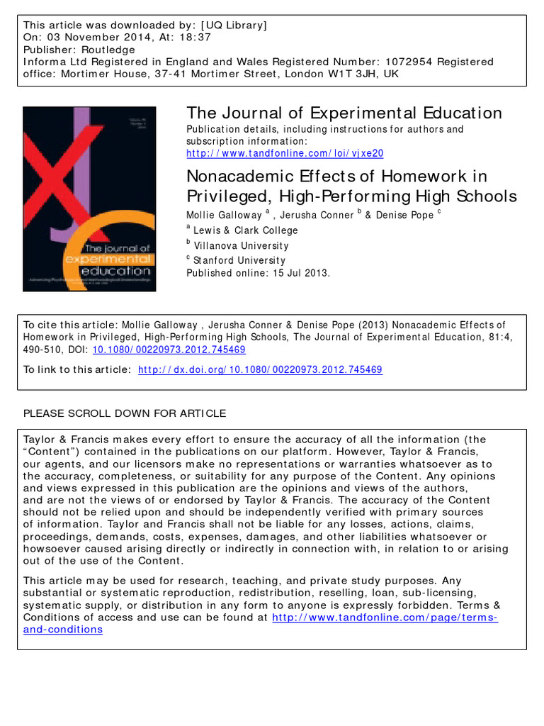 Nonacademic Effects of Homework in Privileged, High-Performing High ...