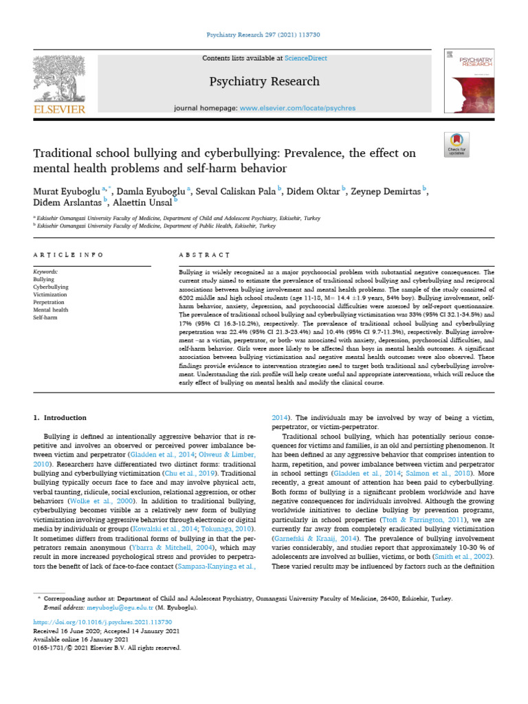 3. Traditional school bullying and cyberbullying - Prevalence, the effect on mental health ...