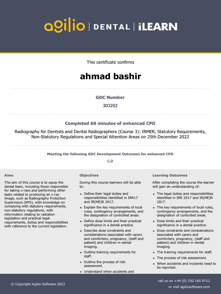 Ahmad Bashir: This Certificate Confirms | PDF | Radiography | Professional Development