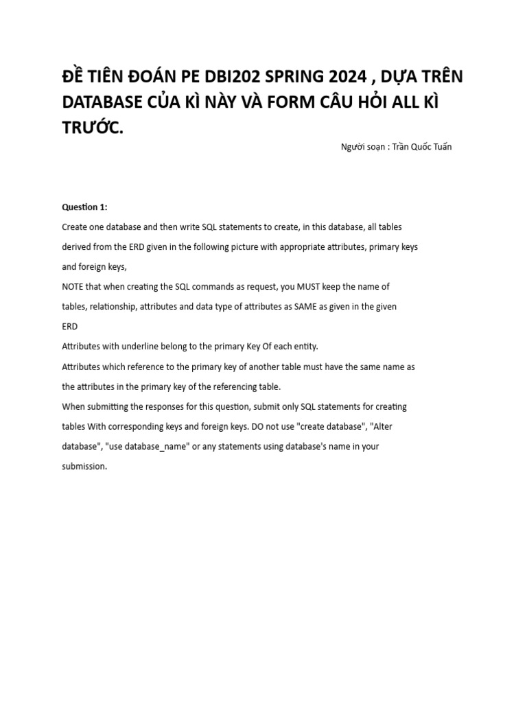 ĐỀ TIÊN ĐOÁN PE DBI202 SPRING 2024 | PDF | Databases | Computer Data