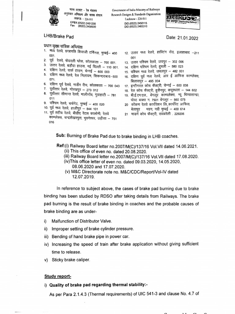 43 - Letters To Rlys On Brake Pad Burning dt.21.01.2022 | PDF