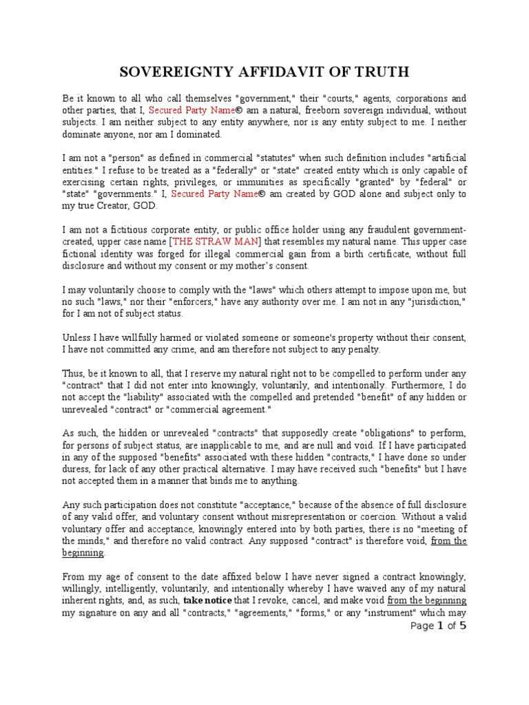 Sovereignty Affidavit of Truth Made Simple Template Example | PDF ...