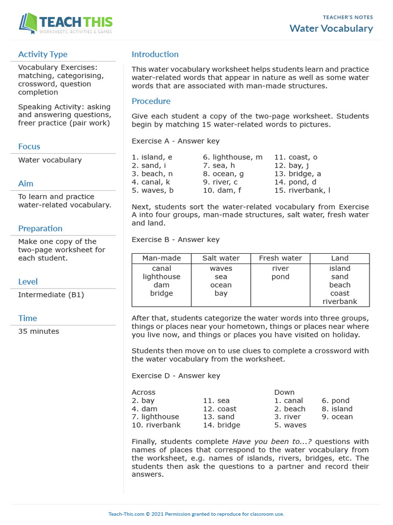 Water Vocabulary Worksheet for Students | PDF | Sea | Coast