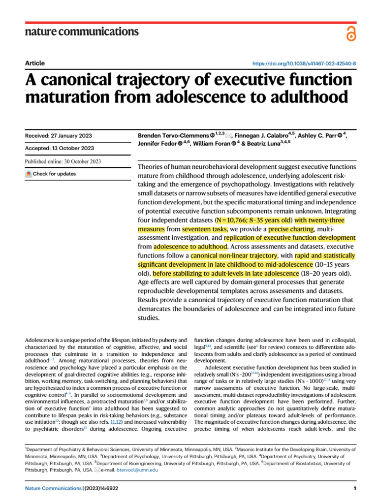 A Canonical Trajectory of Executive Function Maturation From Adolescence To Adulthood | PDF ...