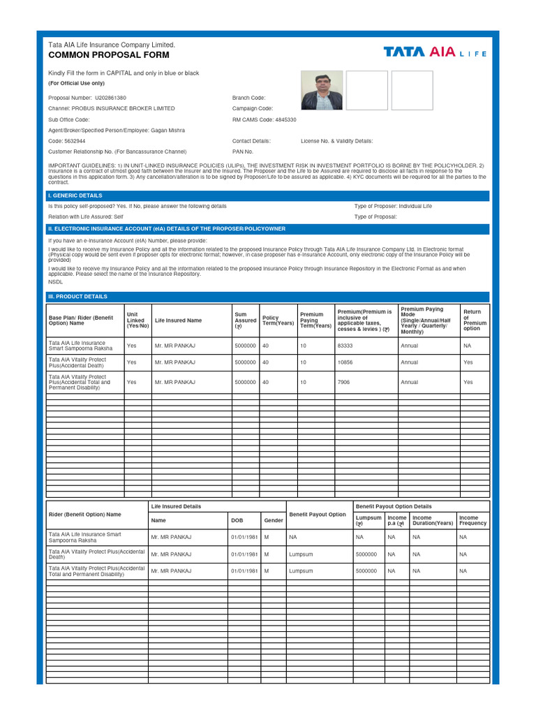 Common Proposal Form: Tata AIA Life Insurance Company Limited | PDF ...