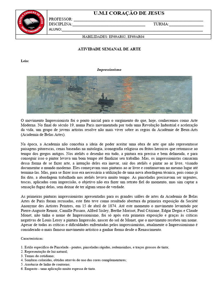 Atividade Semanal de Artes 9º Ano | PDF | Impressionismo | Claude Monet