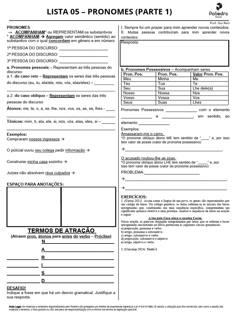 Lista 05 - Pronomes (Parte 1) | PDF | Pronome