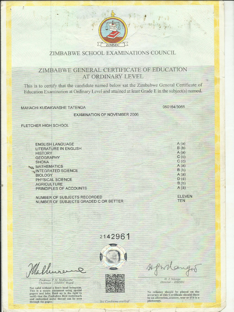 Zimbabwe O Level Certificate | PDF