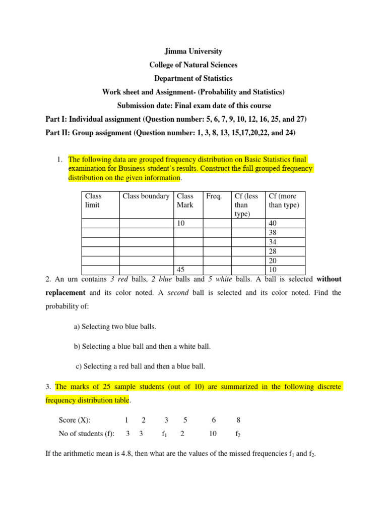 Work Sheet and Assignment For Probability and Statistics | Download ...