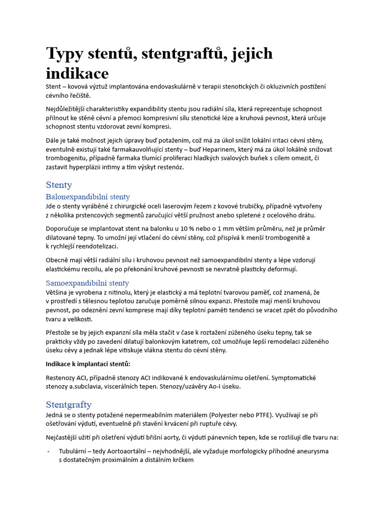02 Typy Stentů, Stentgraftů, Jejich Indikace | PDF