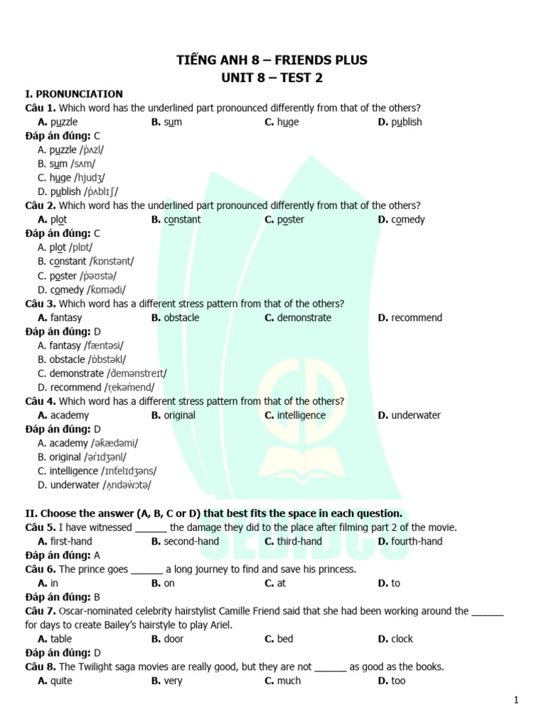 Tieng Anh 8 Friends Plus - Unit 8 - Test 2 (Key) | Download Free PDF ...