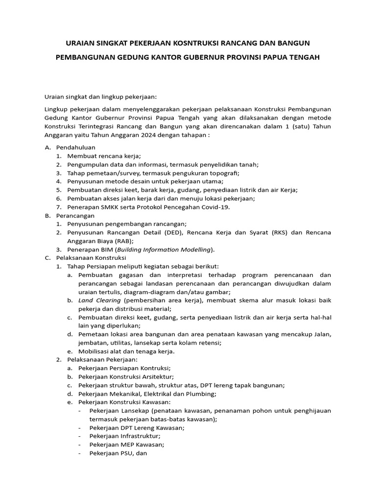 Uraian Singkat Pekerjaan Konstruksi Rancang Bangun | PDF