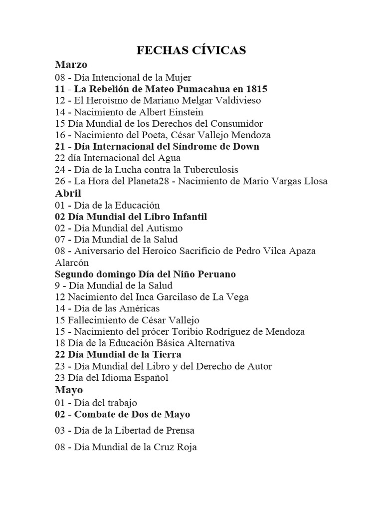 Fechas Cívicas y Días Internacionales | PDF | Perú