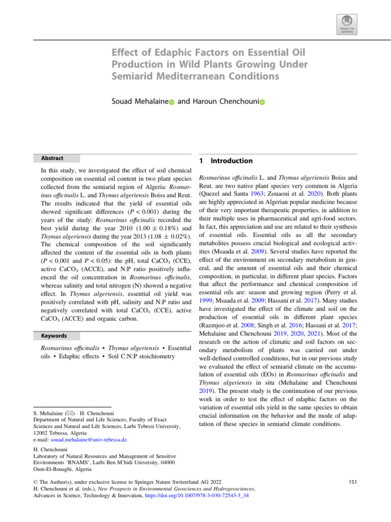 Effect of Edaphic Factors On Essential Oil Production in Wild Plants Growing Under Semiarid ...