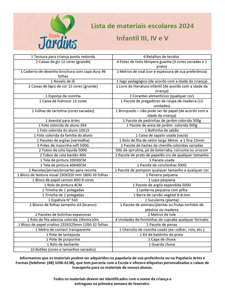Infantil III, IV e V Lista de materiais escolares 2024 | PDF